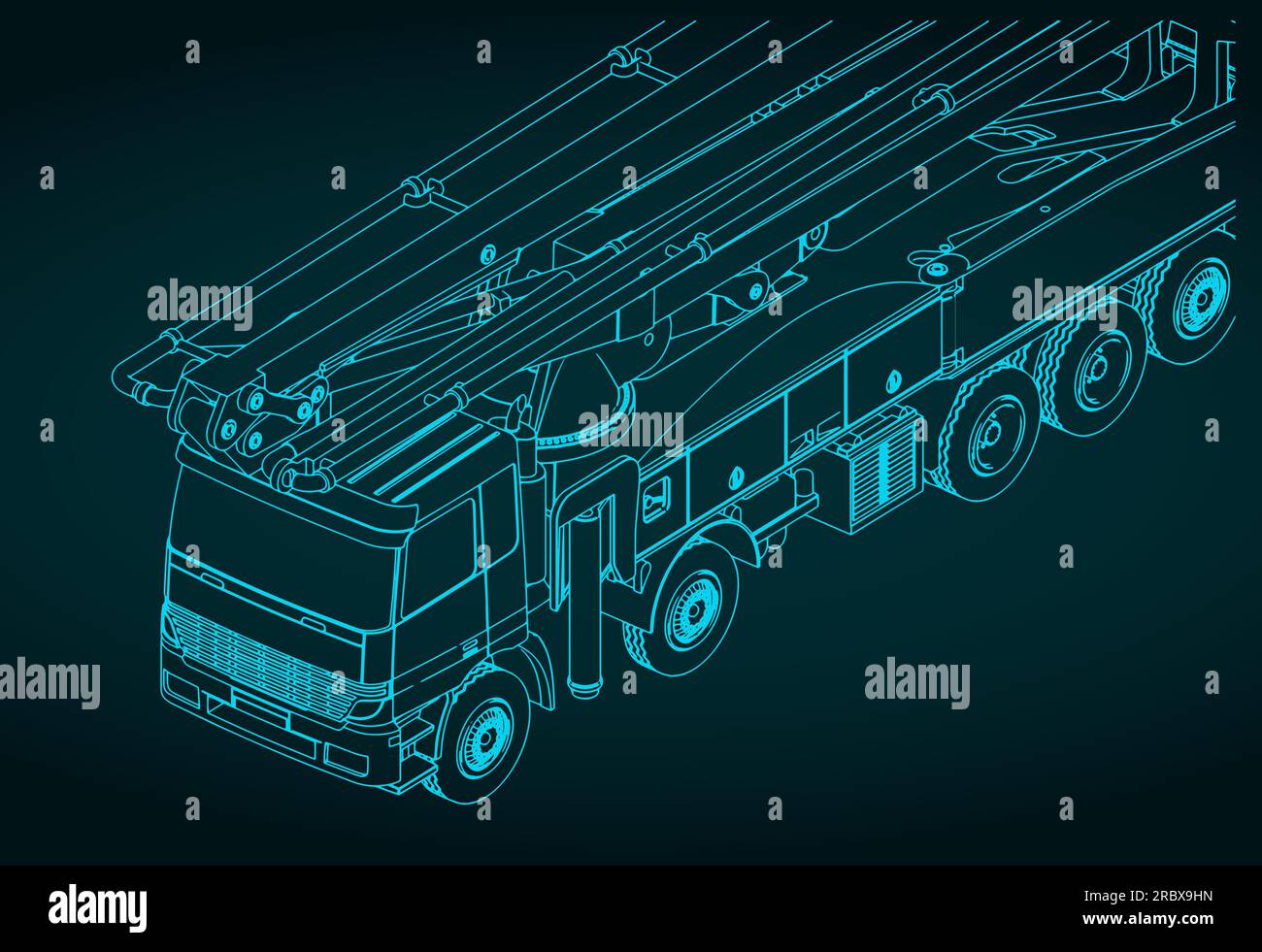 Stylized vector illustration of isometric blueprint of concrete pump ...