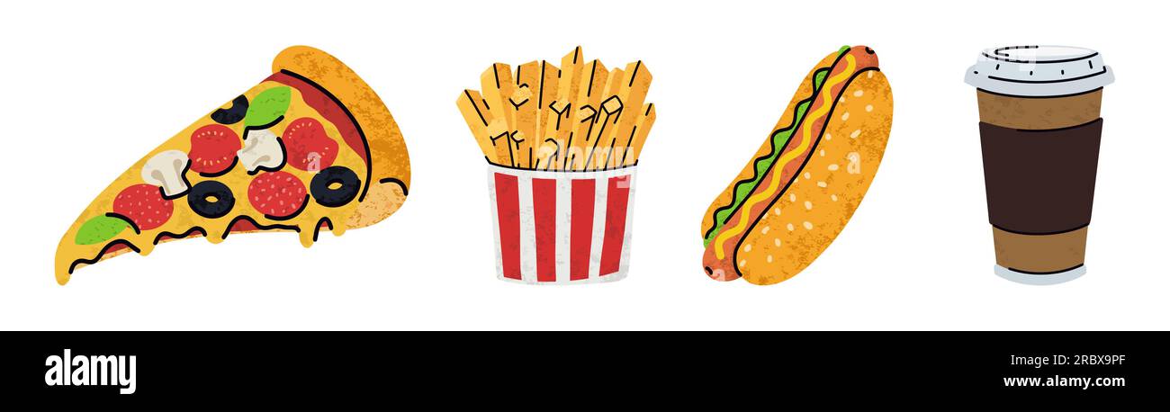fast food, cartoon icons set, simple flat style, street high calorie ...