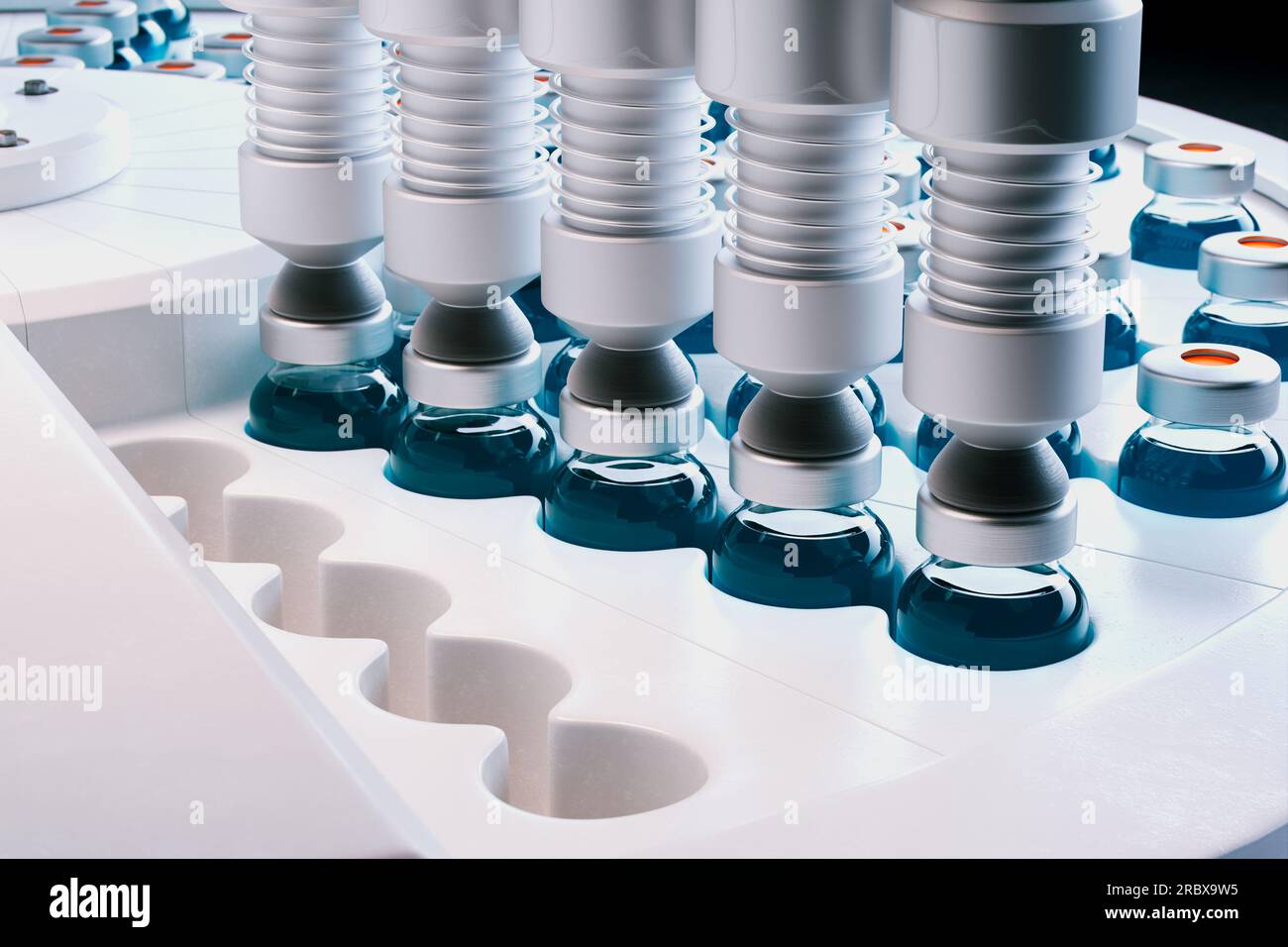 Blue vaccine bottles on a conveyor belt. Concept of COVID-19 ...