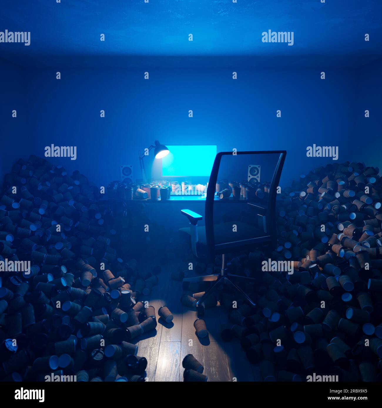 This 3D rendering depicts a messy bedroom with a computer desk ...