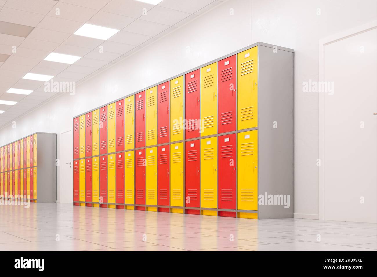 Bright school hallway. Red and yellow lockers for students at college ...