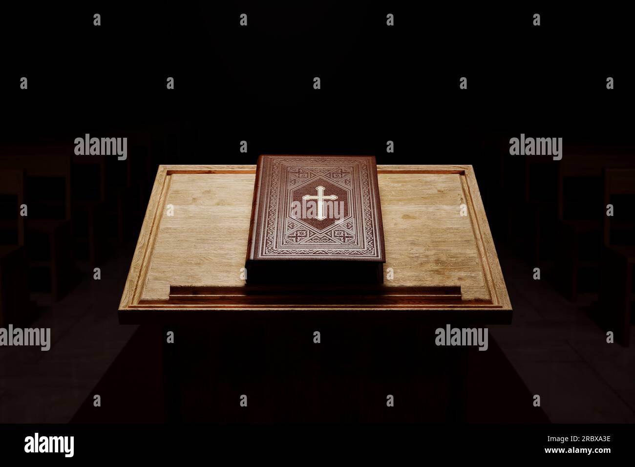 Beautiful Holy Bible on a wooden table against a bright white ...