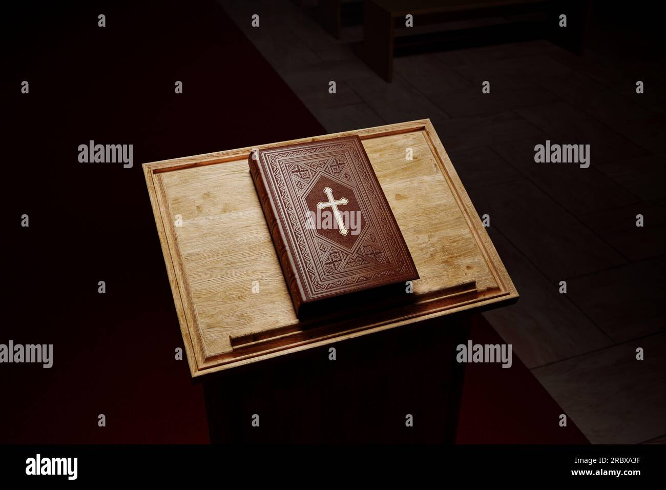 Beautiful Holy Bible on a wooden table against a bright white ...