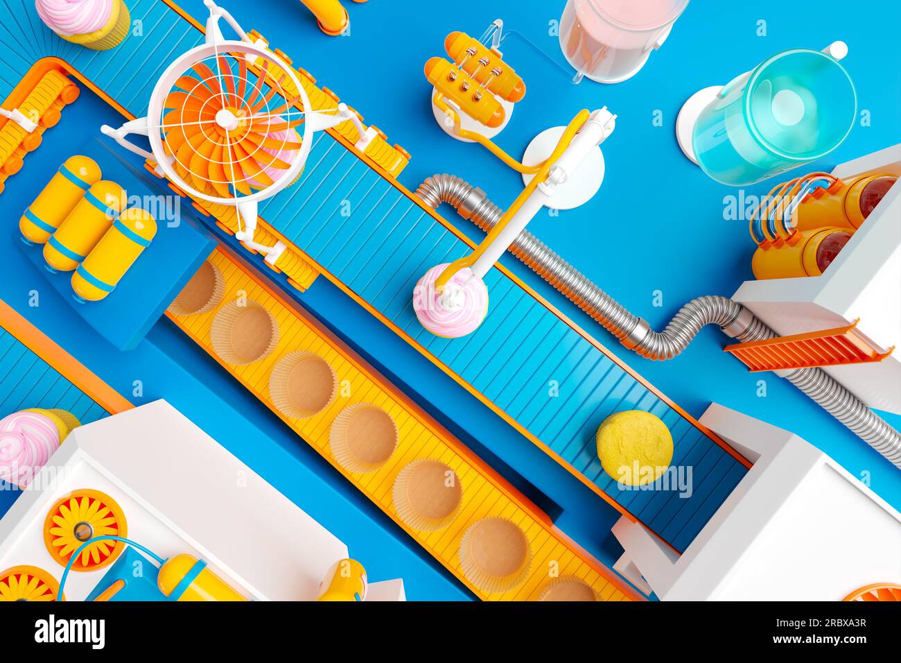 Colourful funny scene with cupcakes preparation. Concept of the bakery ...