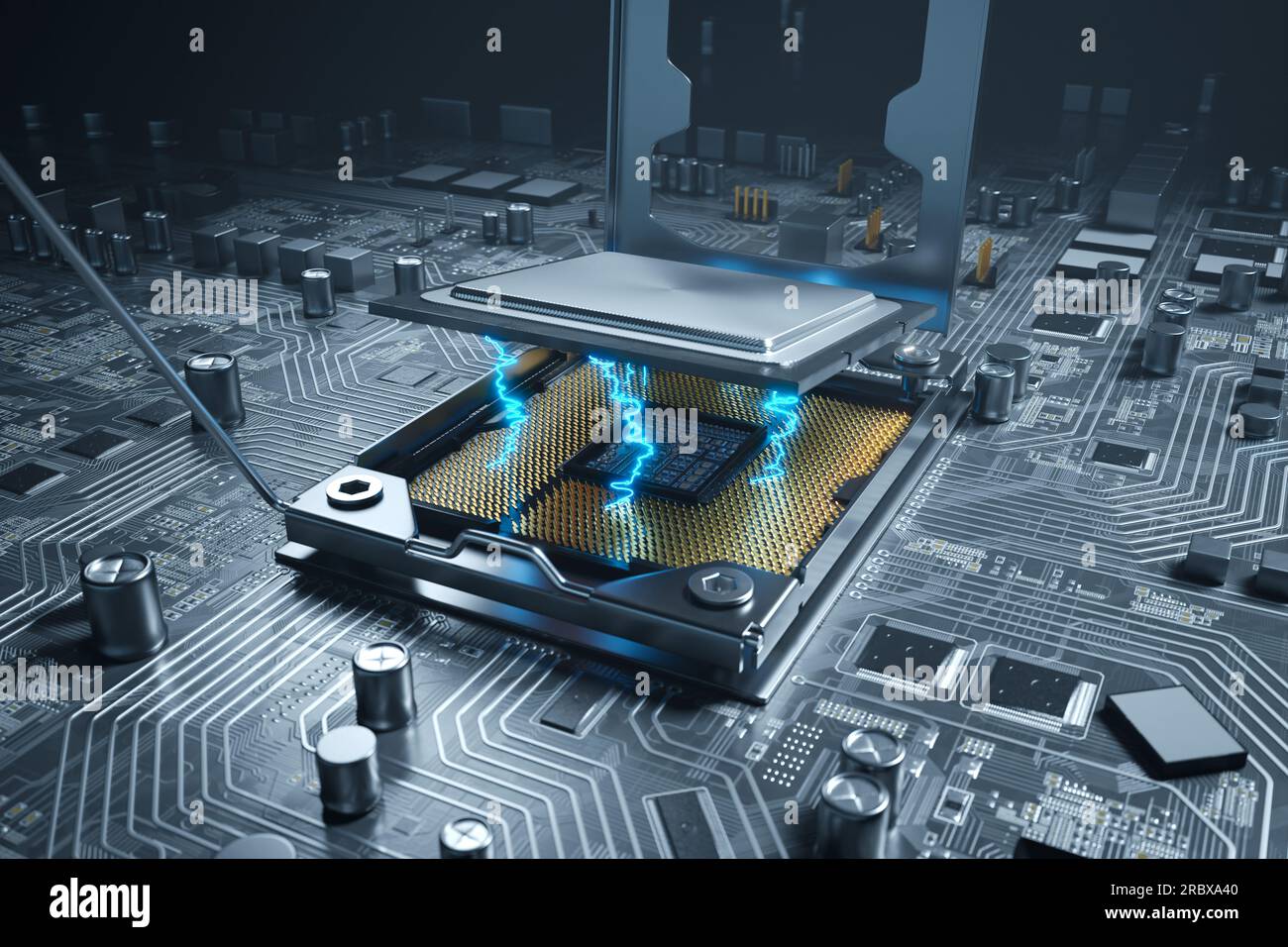 3D rendering shows connecting the processor to the motherboard in pc ...