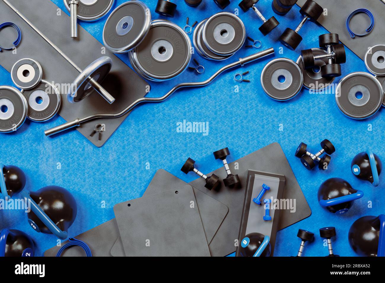 3d rendering of a variety of gym equipment. Aerial view on sports gear ...