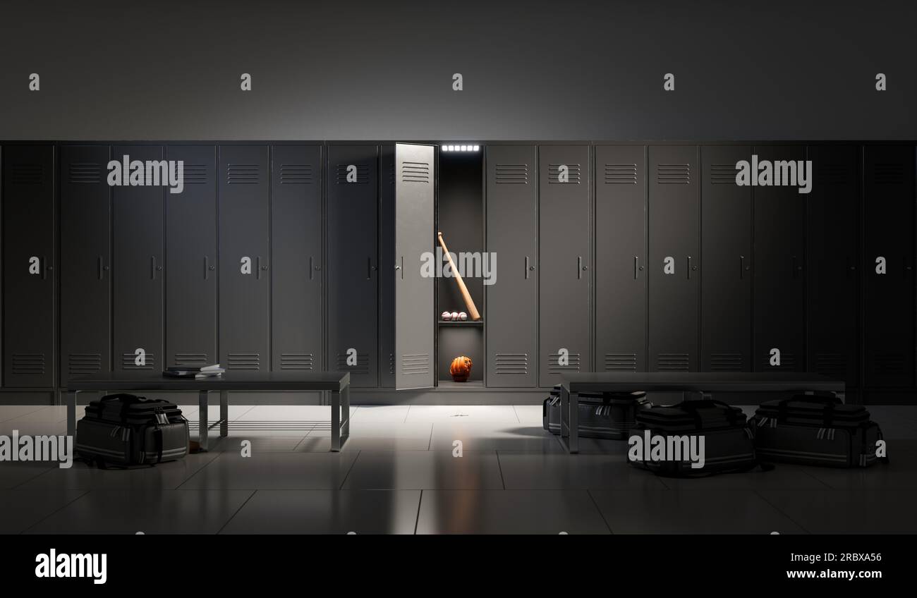 A dark metal locker room illuminated by a single light. The room is ...
