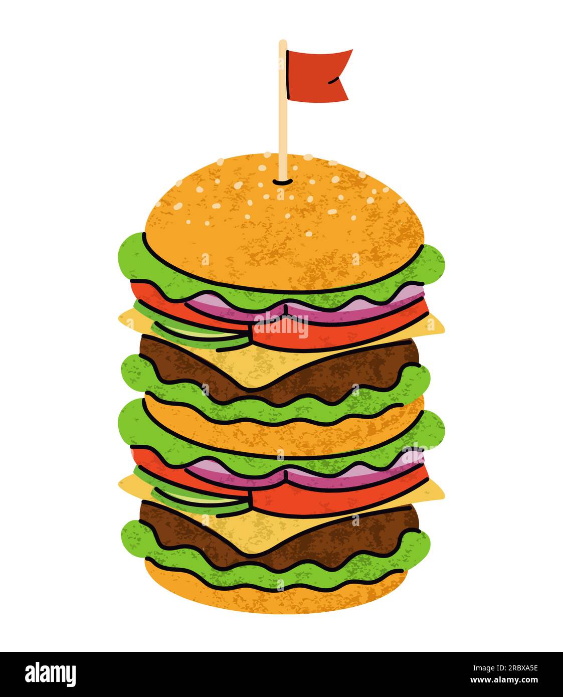 fast food double burger, cartoon icons set, simple flat style, street ...