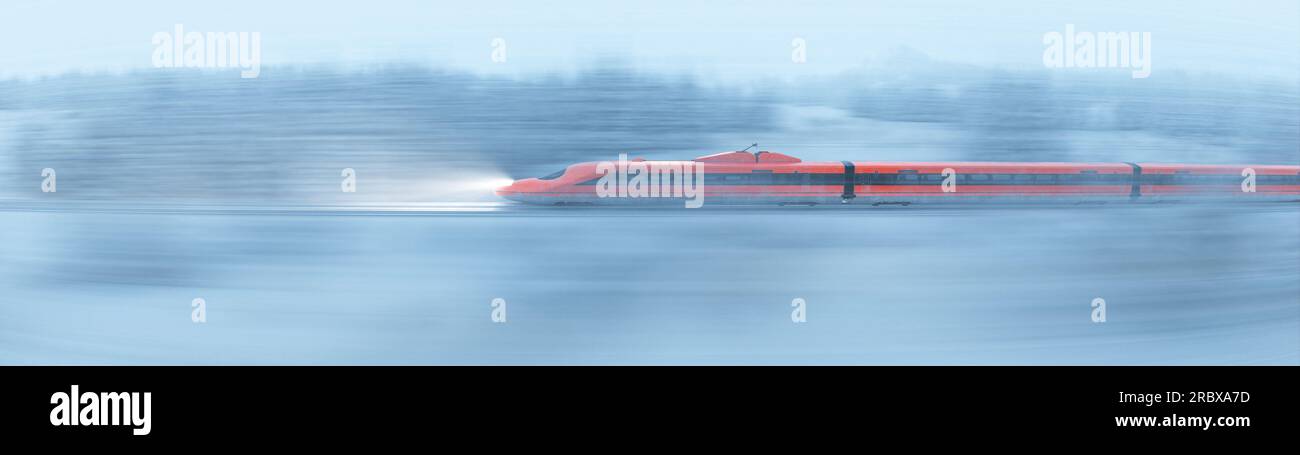 A high speed bullet train zooms through a snow-covered forest during ...