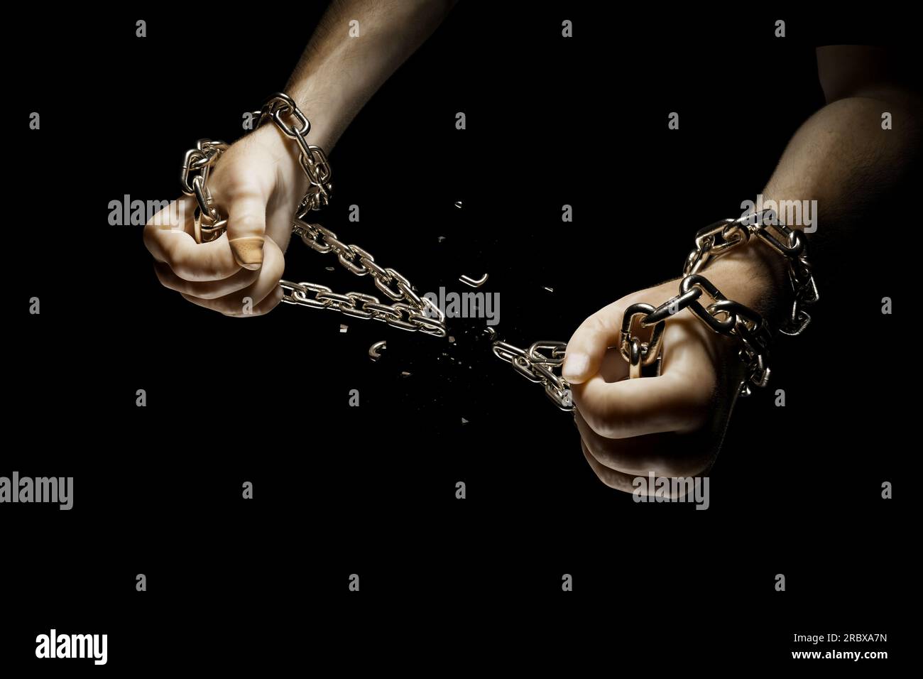 3d rendering od Hands breaking silver chains. Metal or steel chain is ...