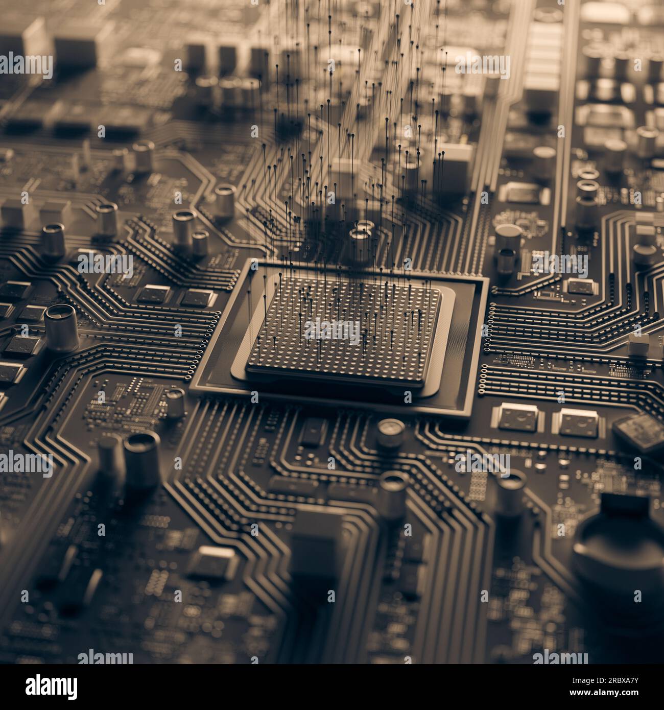 3d rendering shows data flow in a motherboard in pc. Highlighted ...