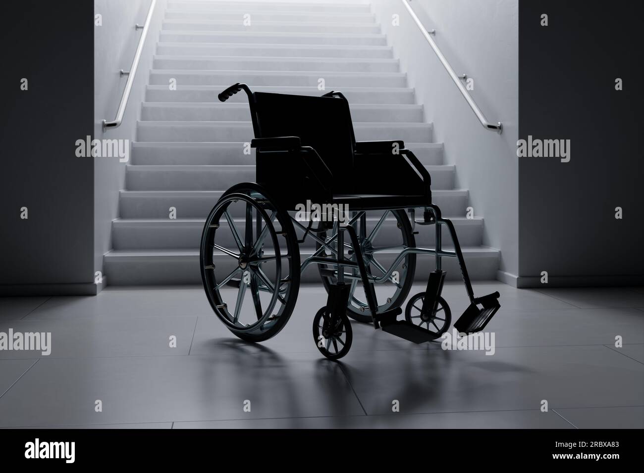 3D rendering of empty wheelchair next to wide stairs. Concept of health ...