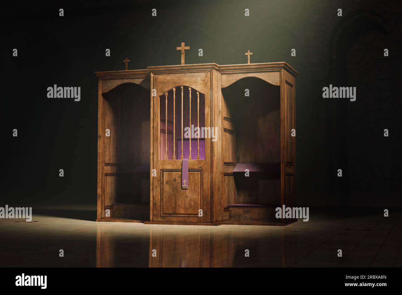 Beautiful light in Christian chapel falls on confessional. Place in the ...