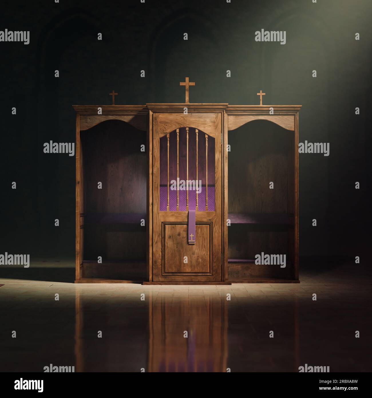 Beautiful light in Christian chapel falls on confessional. Place in the ...