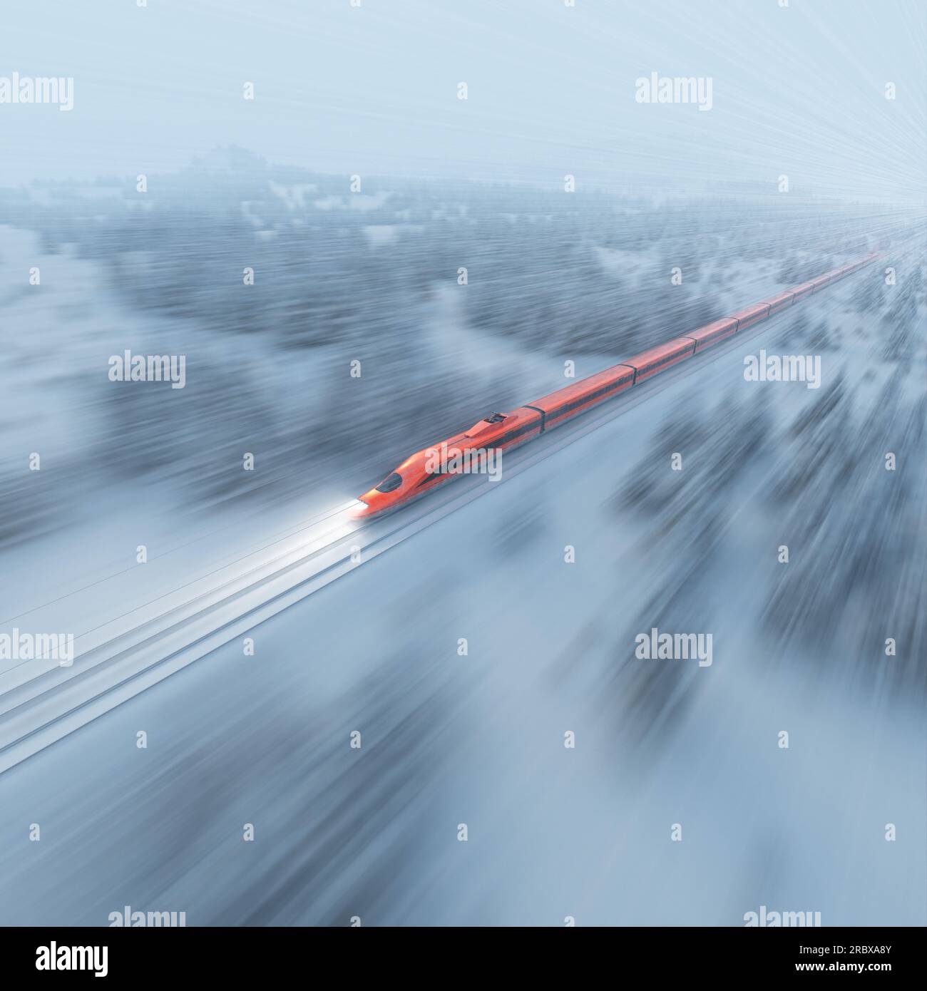 A high speed bullet train zooms through a snow-covered forest during ...