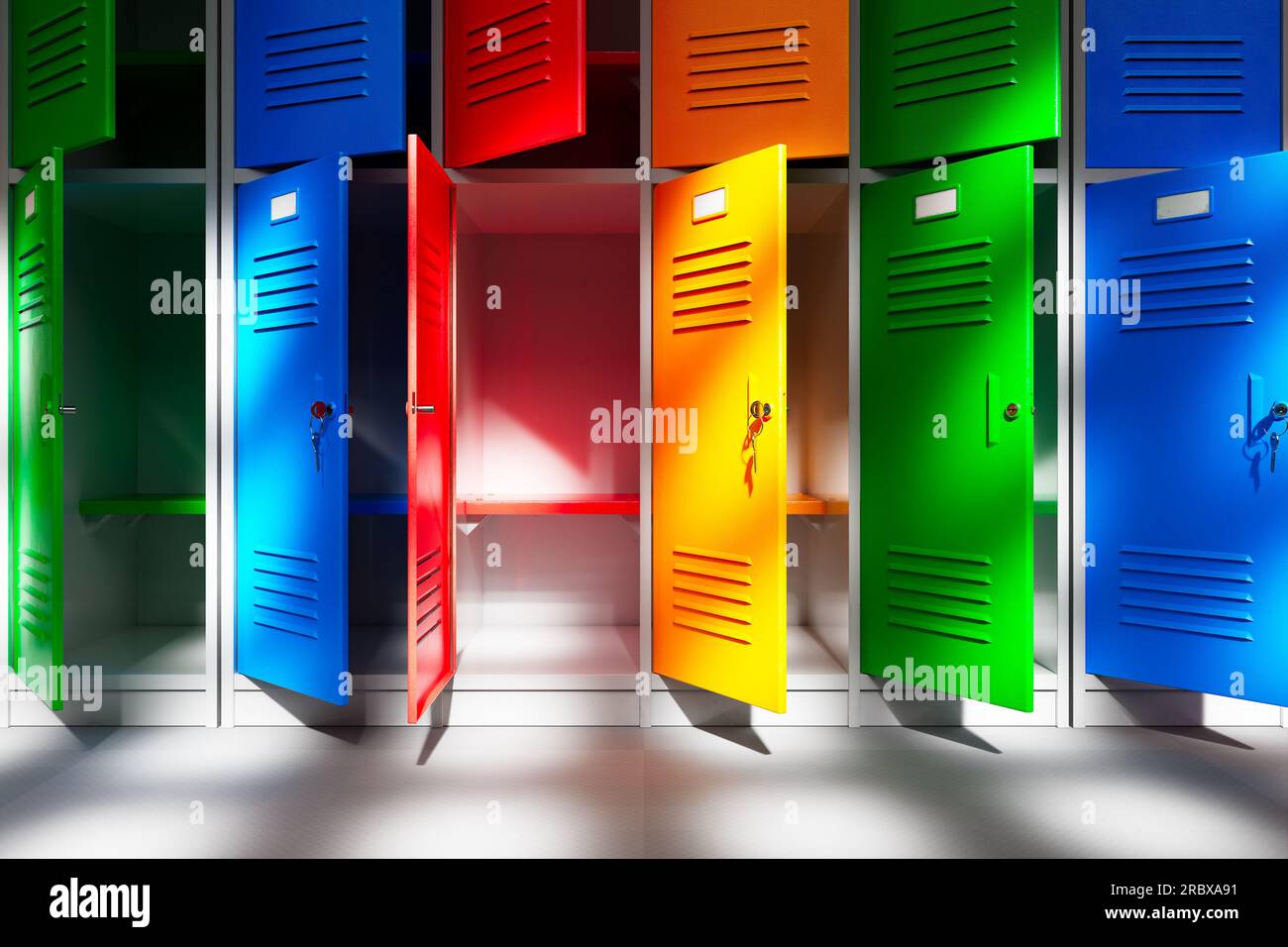 3D rendering of an endless row of lockers in a college hall or gym ...