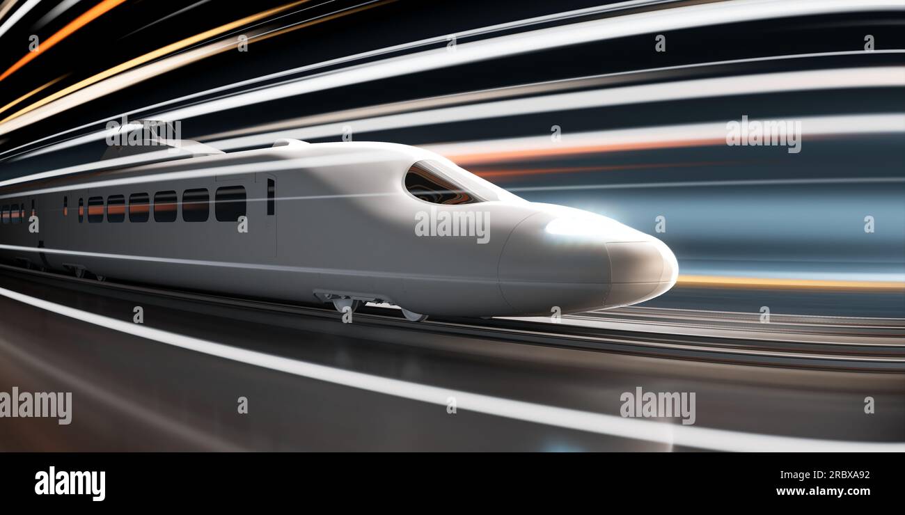 The high-speed train blazes through the neon-lit futuristic background ...