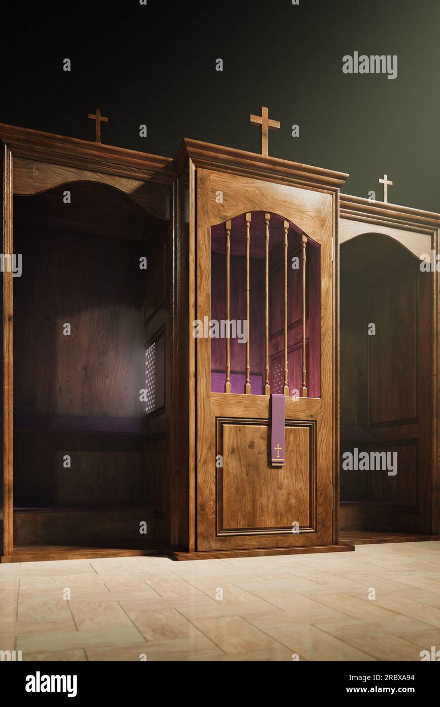 Beautiful light in Christian chapel falls on confessional. Place in the ...