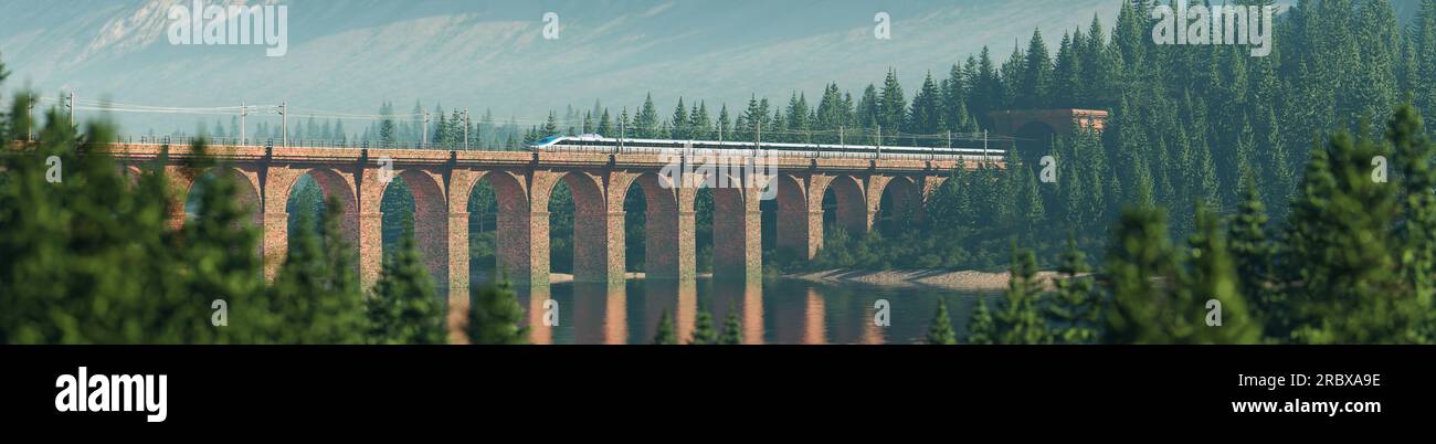 A high speed bullet train travels rapidly across a tall bridge towering ...