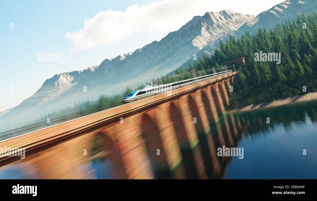 A high speed bullet train travels rapidly across a tall bridge towering ...