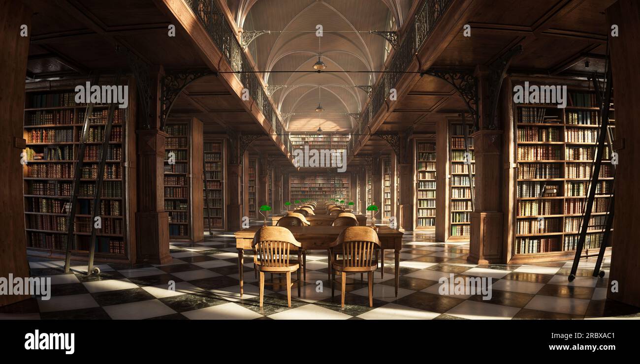 Old university library interior with shelves full of countless vintage ...