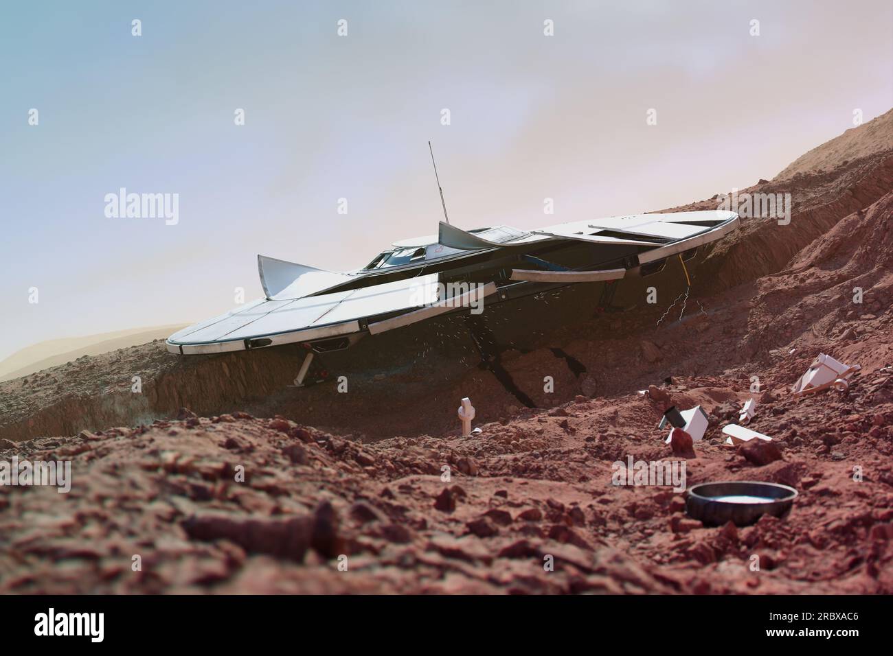 A crashed alien spacecraft and scattered debris on the surface of Mars ...