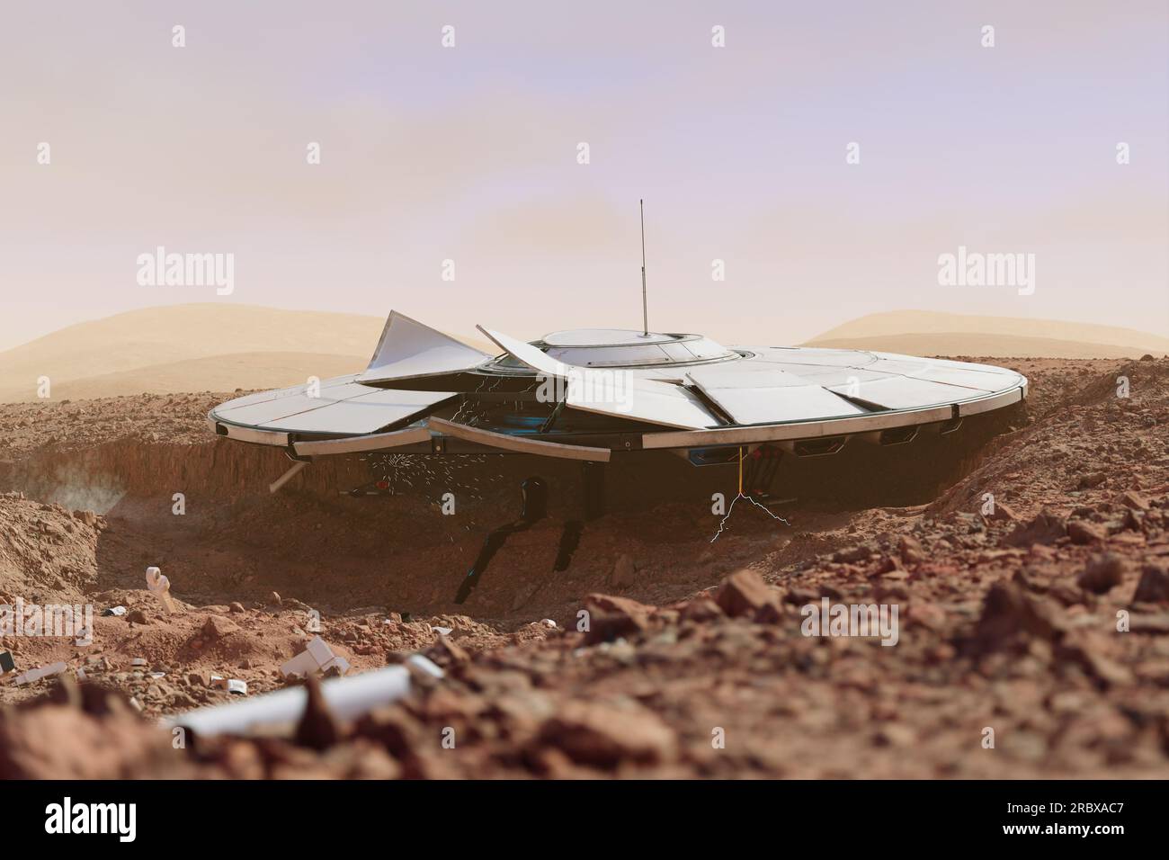 A crashed alien spacecraft and scattered debris on the surface of Mars ...