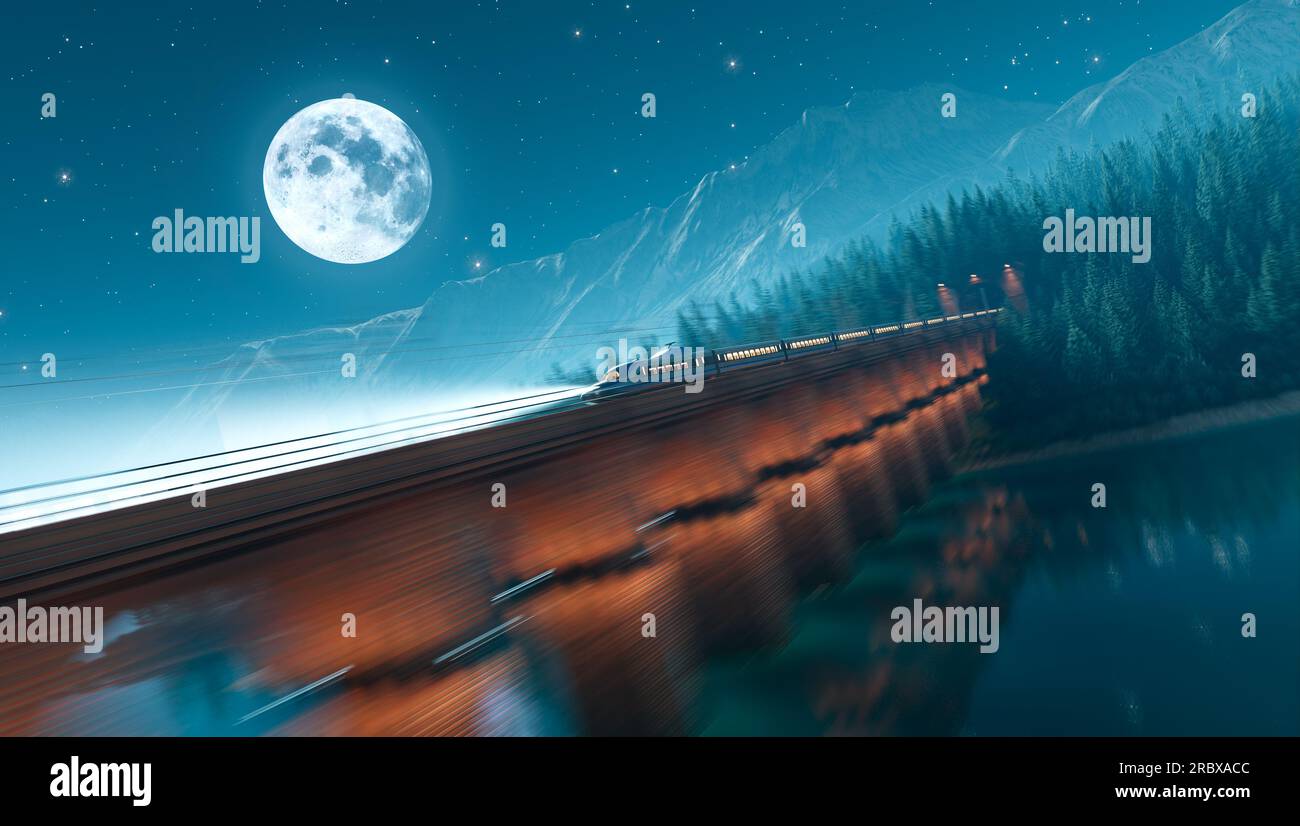 A high speed bullet train travels rapidly across a tall bridge towering ...