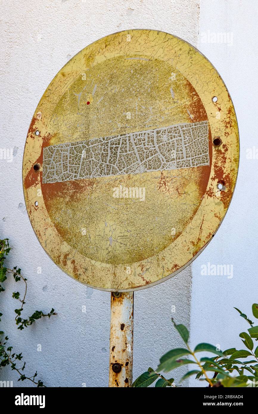 Old rusty cracked road sign on the street with no entry, Zatoglav ...