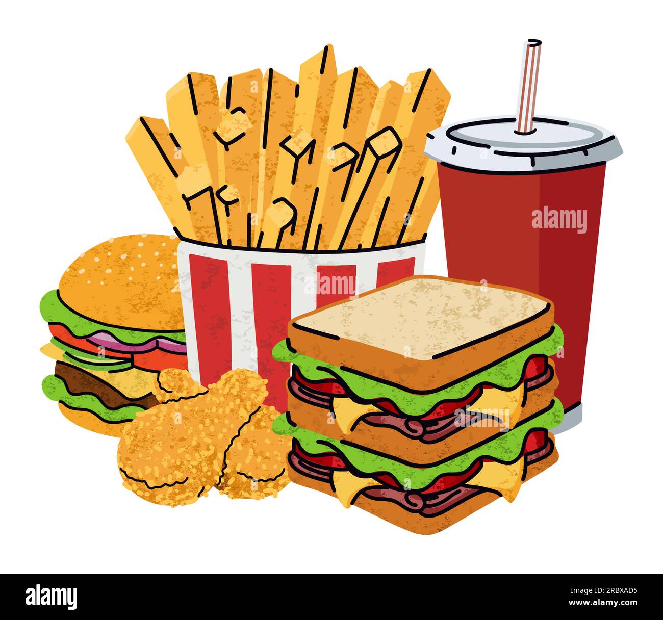 fast food, cartoon icons set, simple flat style, street high calorie ...