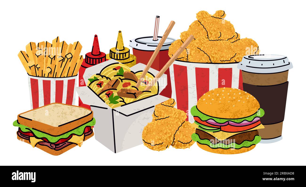 fast food, cartoon icons set, simple flat style, street high calorie ...