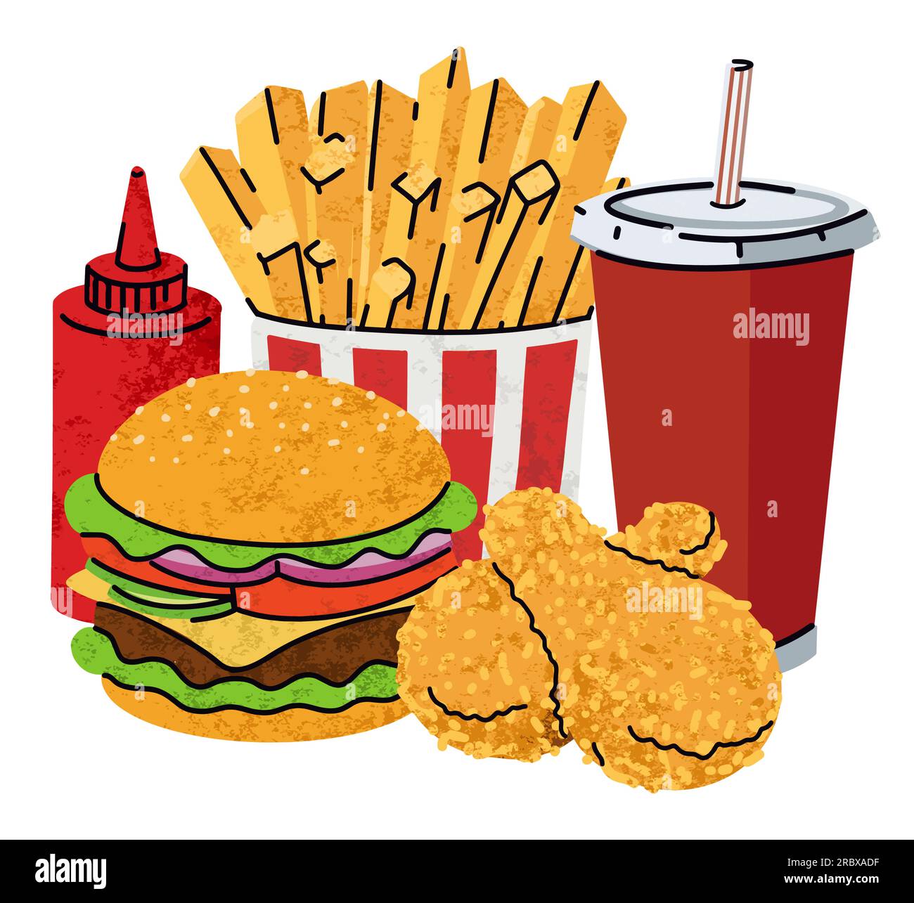fast food, cartoon icons set, simple flat style, street high calorie ...