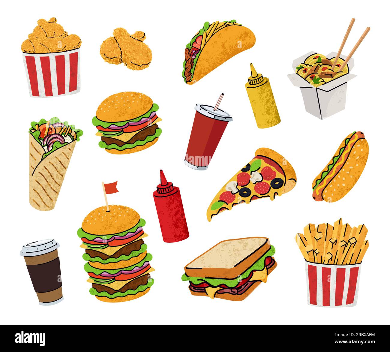 fast food, cartoon icons set, simple flat style, street high calorie ...