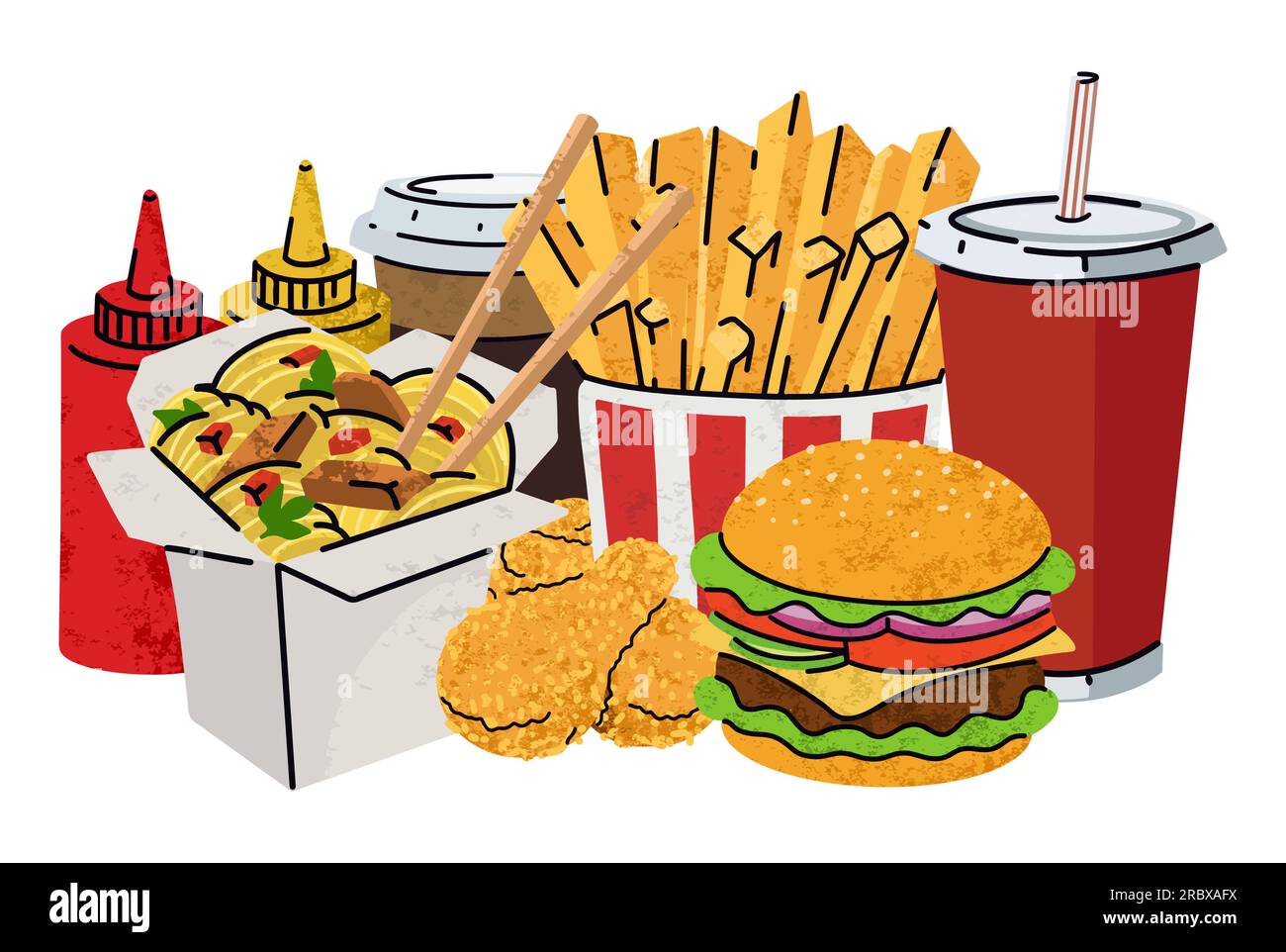 fast food, cartoon icons set, simple flat style, street high calorie ...