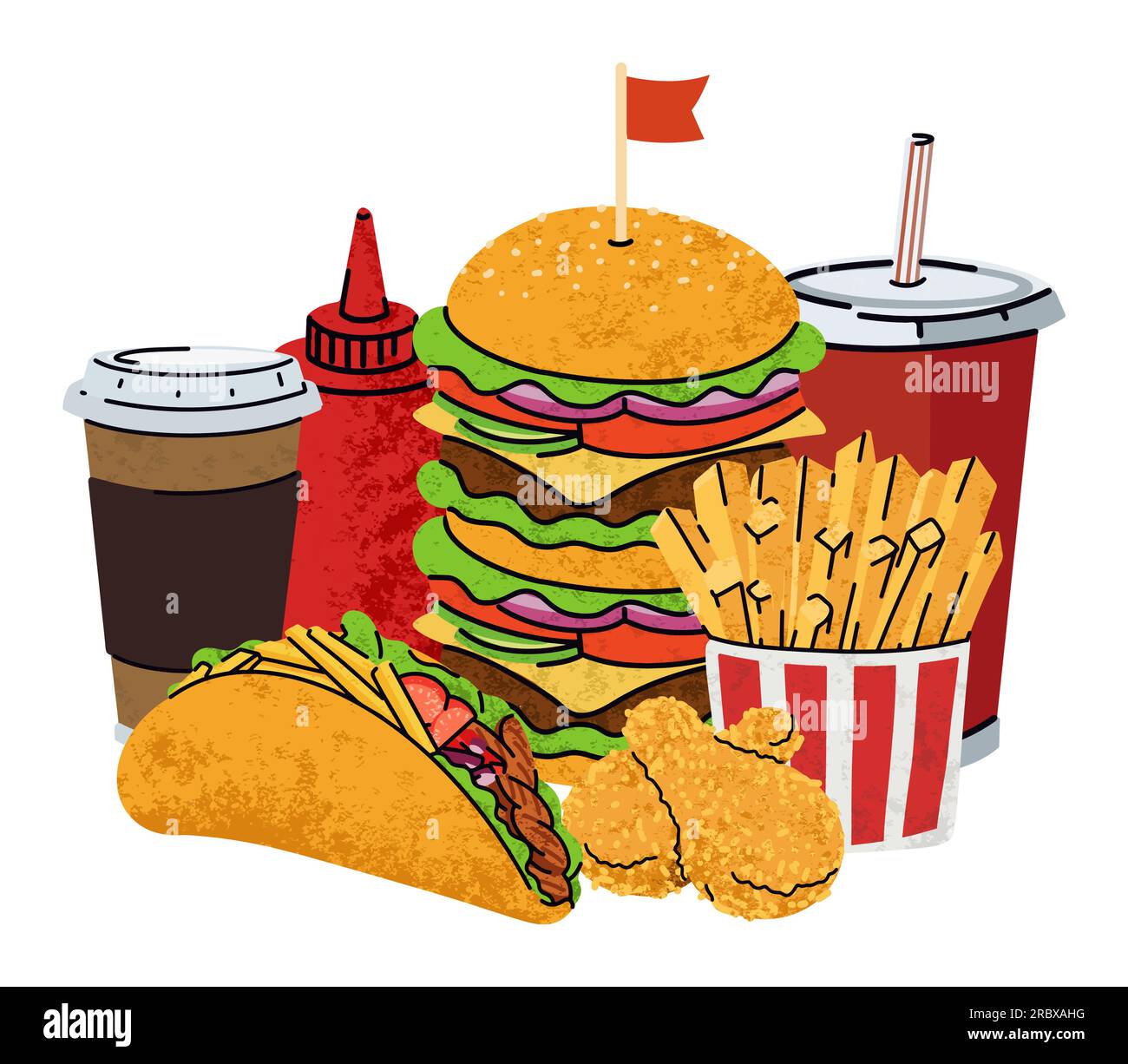fast food, cartoon icons set, simple flat style, street high calorie ...