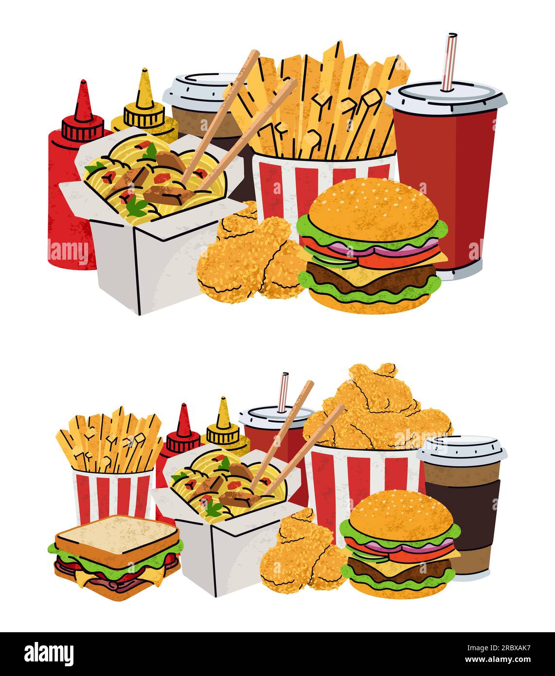 fast food, cartoon icons set, simple flat style, street high calorie ...
