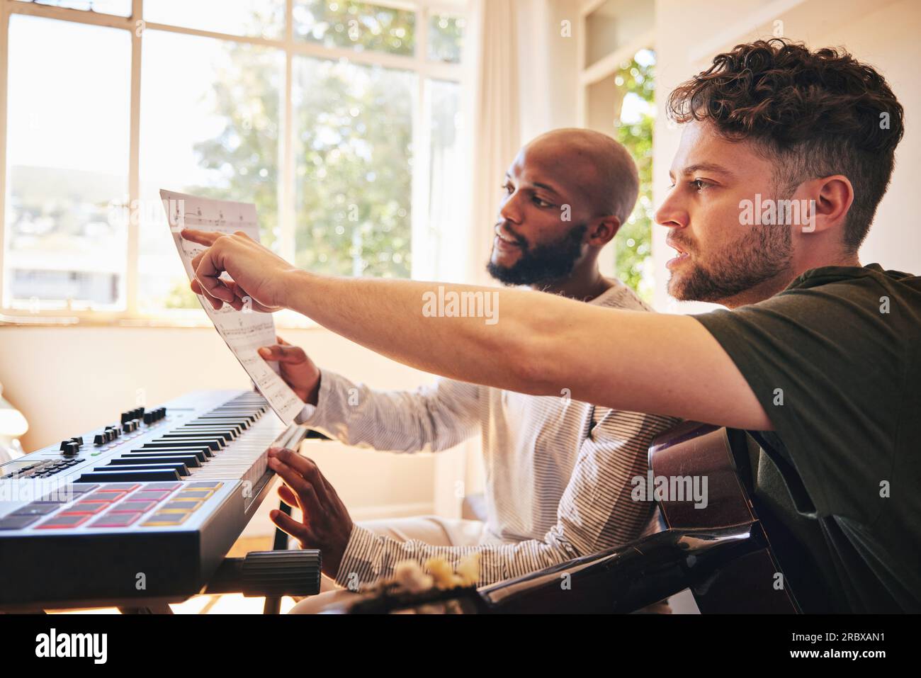 Music notes, piano and friends with guitar in home together to practice ...
