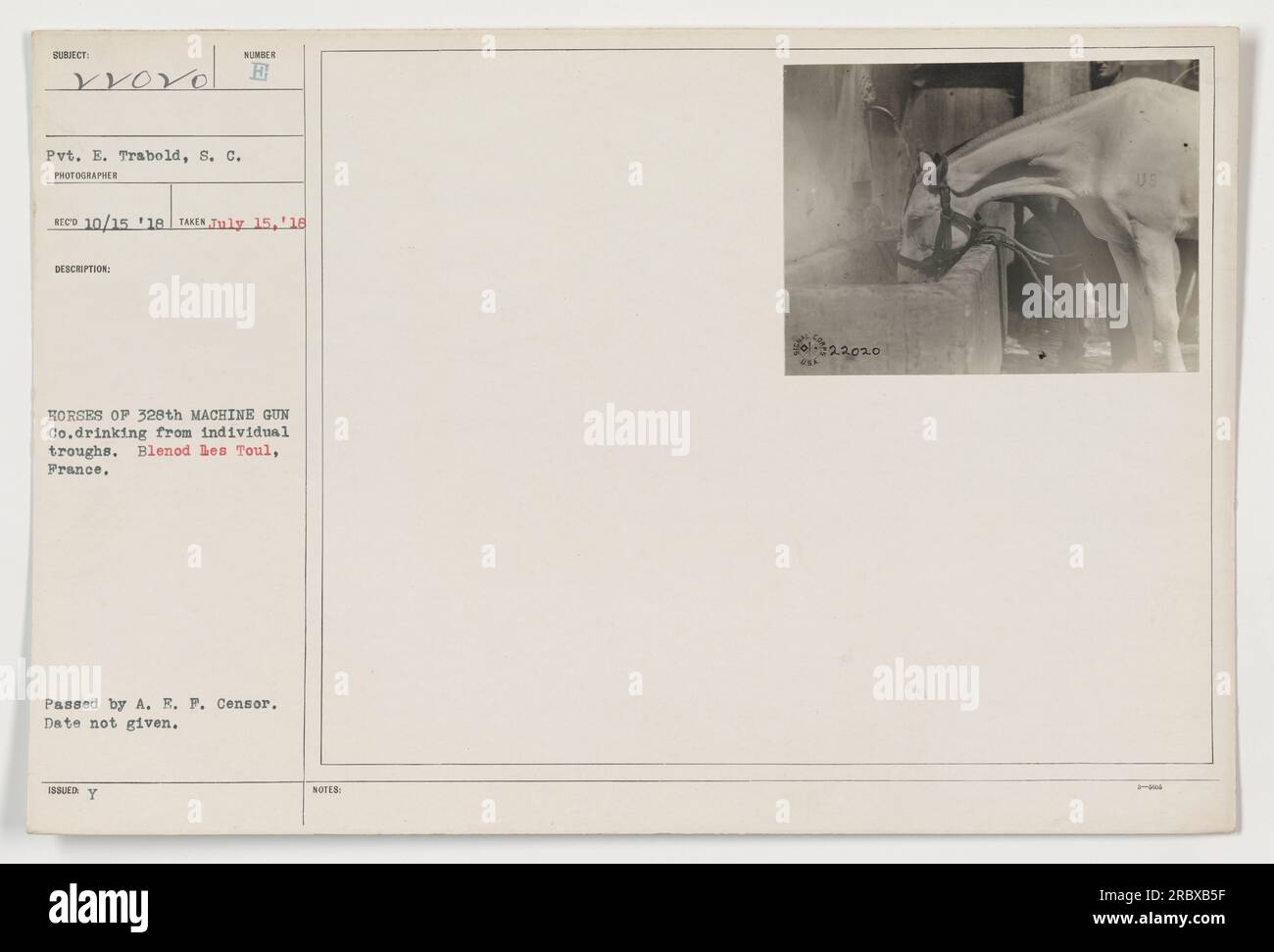 Pvt. E. Trabold, S. C., photographed on July 15, 1918, at Blenod Les ...