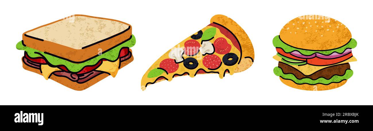 fast food, cartoon icons set, simple flat style, street high calorie ...