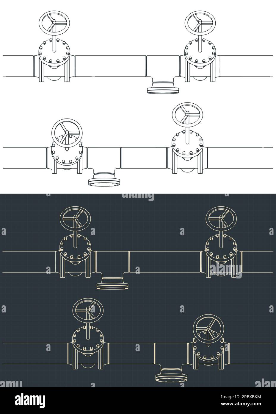 Stylized vector illustrations of blueprints of pipes and valves Stock ...