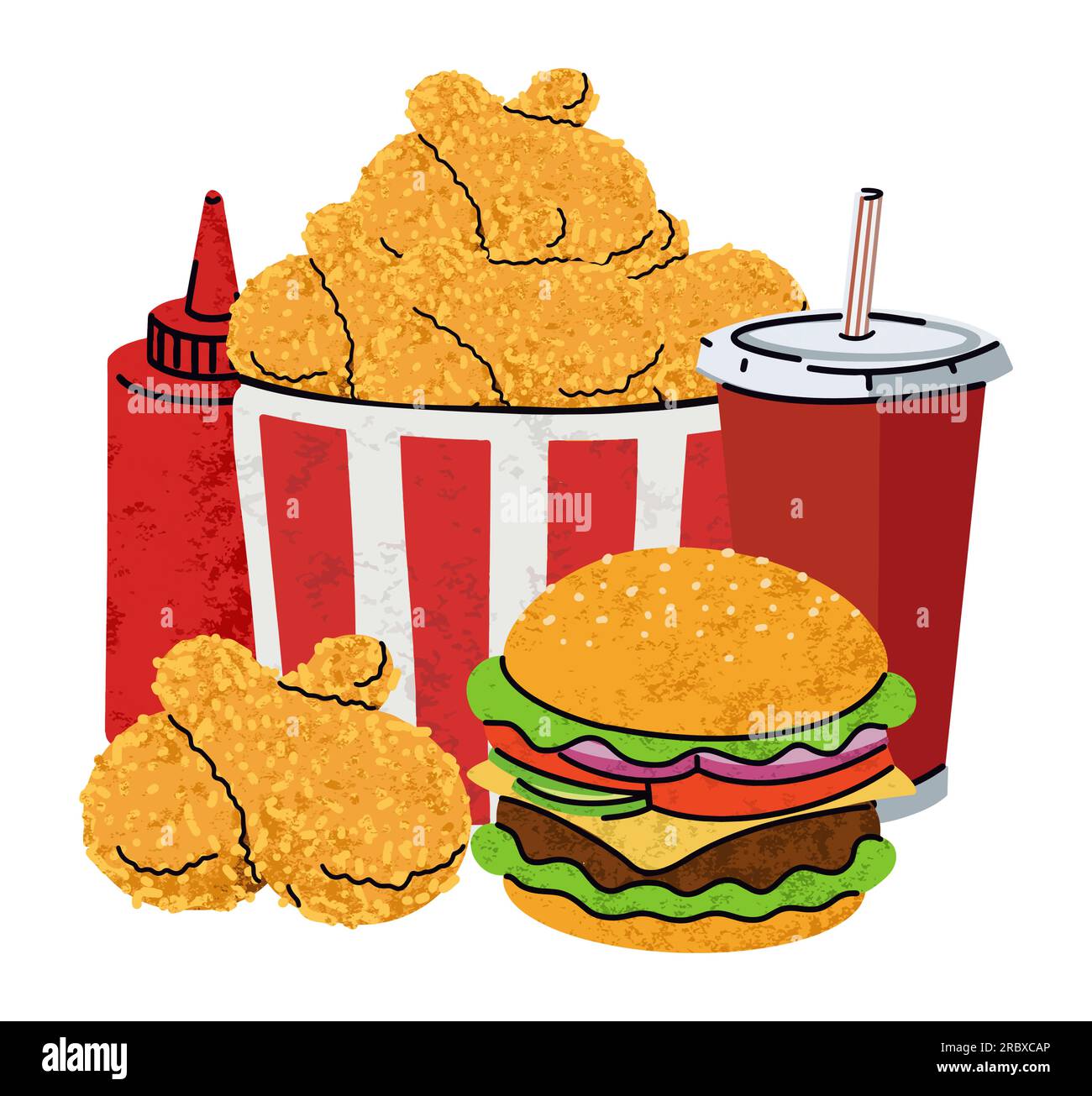 fast food, cartoon icons set, simple flat style, street high calorie ...