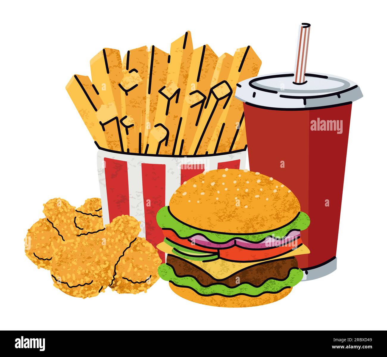fast food, cartoon icons set, simple flat style, street high calorie ...
