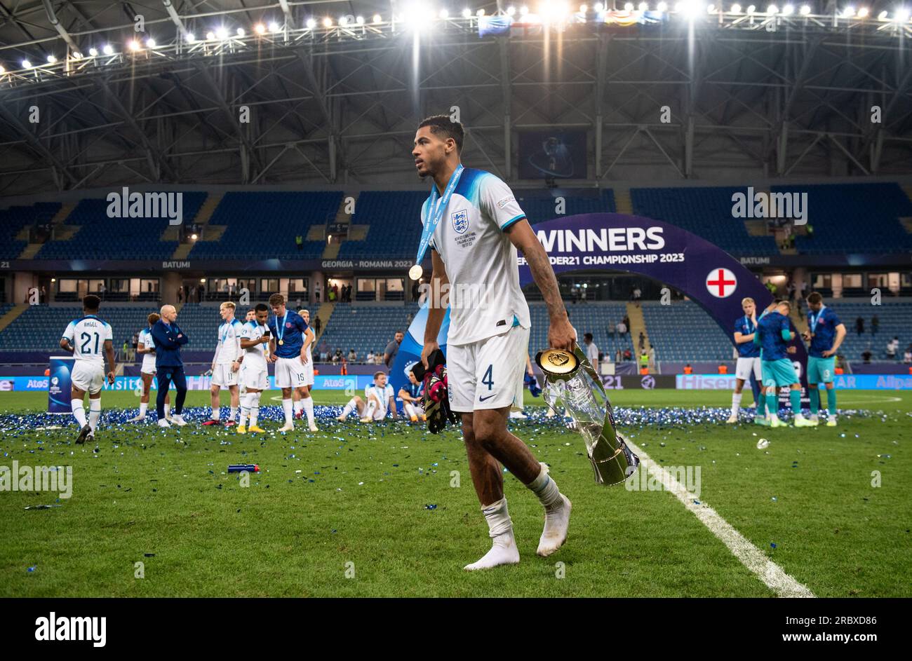 BATUMI, GEORGIA - JULY 8: Levi Colwill of England celebrate with trophy ...