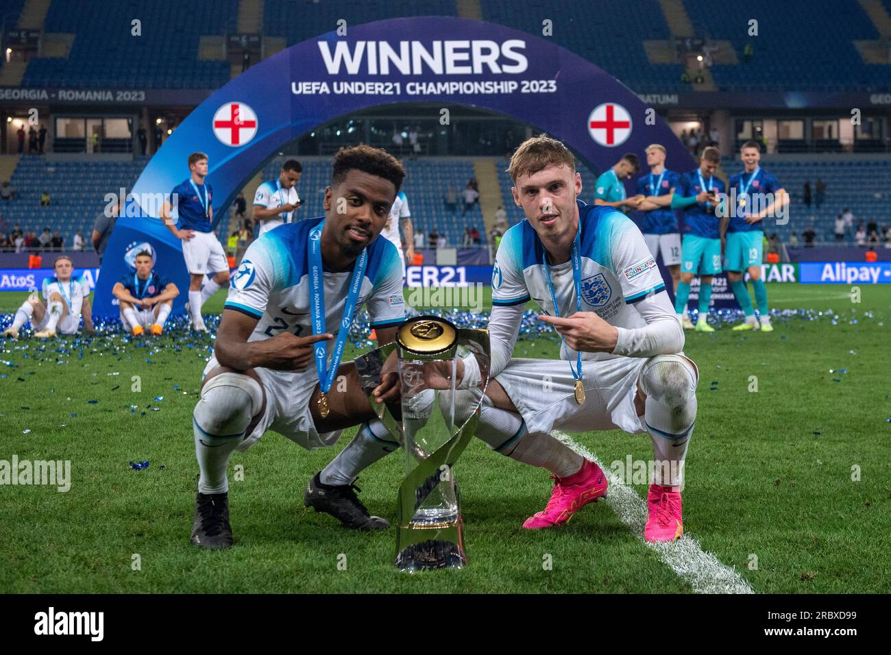 BATUMI, GEORGIA - JULY 8: Angel Gomes and Cole Palmer of England celebrate with trophy during ...