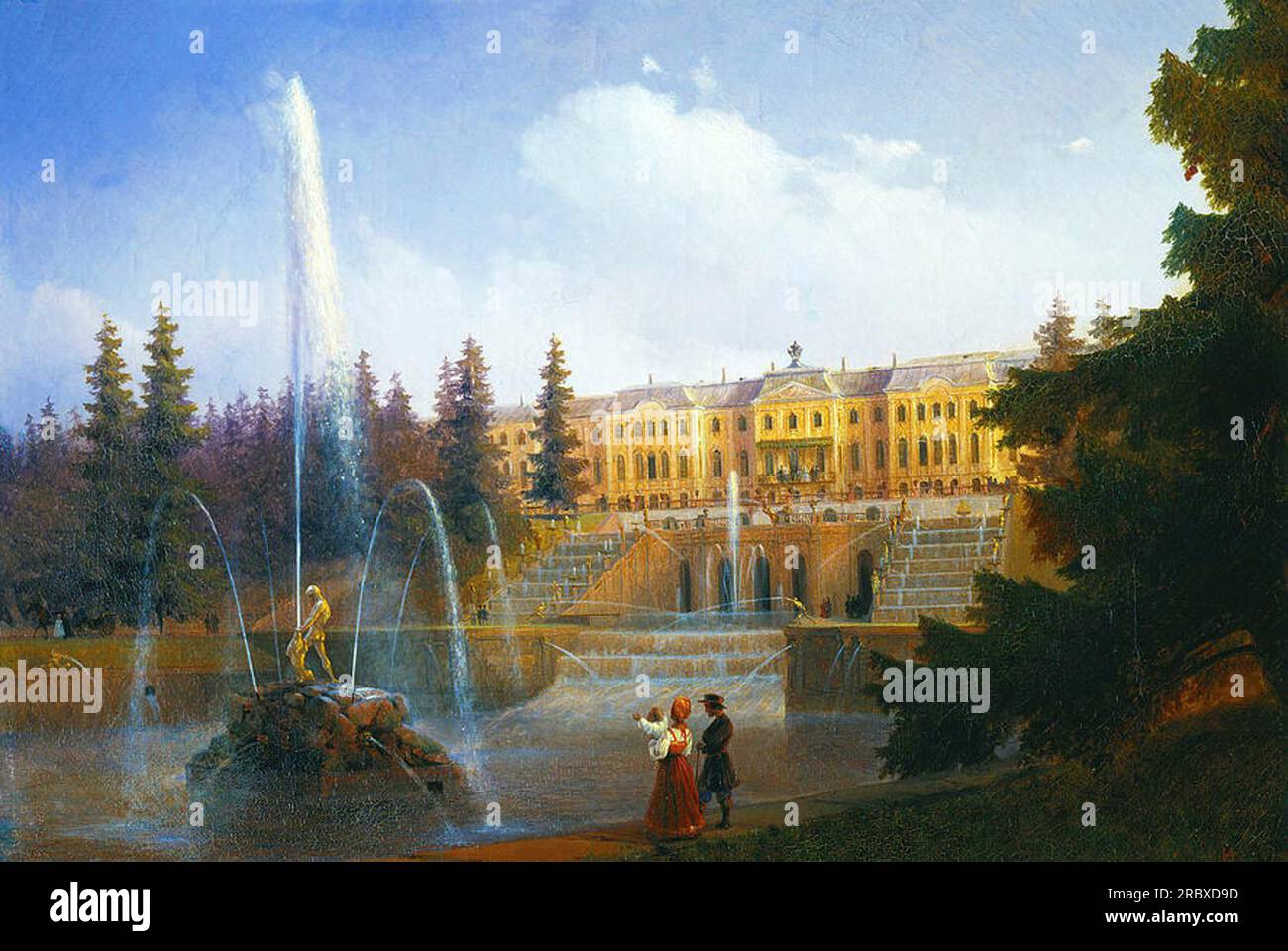 View of the Big Cascade in Petergof and the Great Palace of Petergof ...