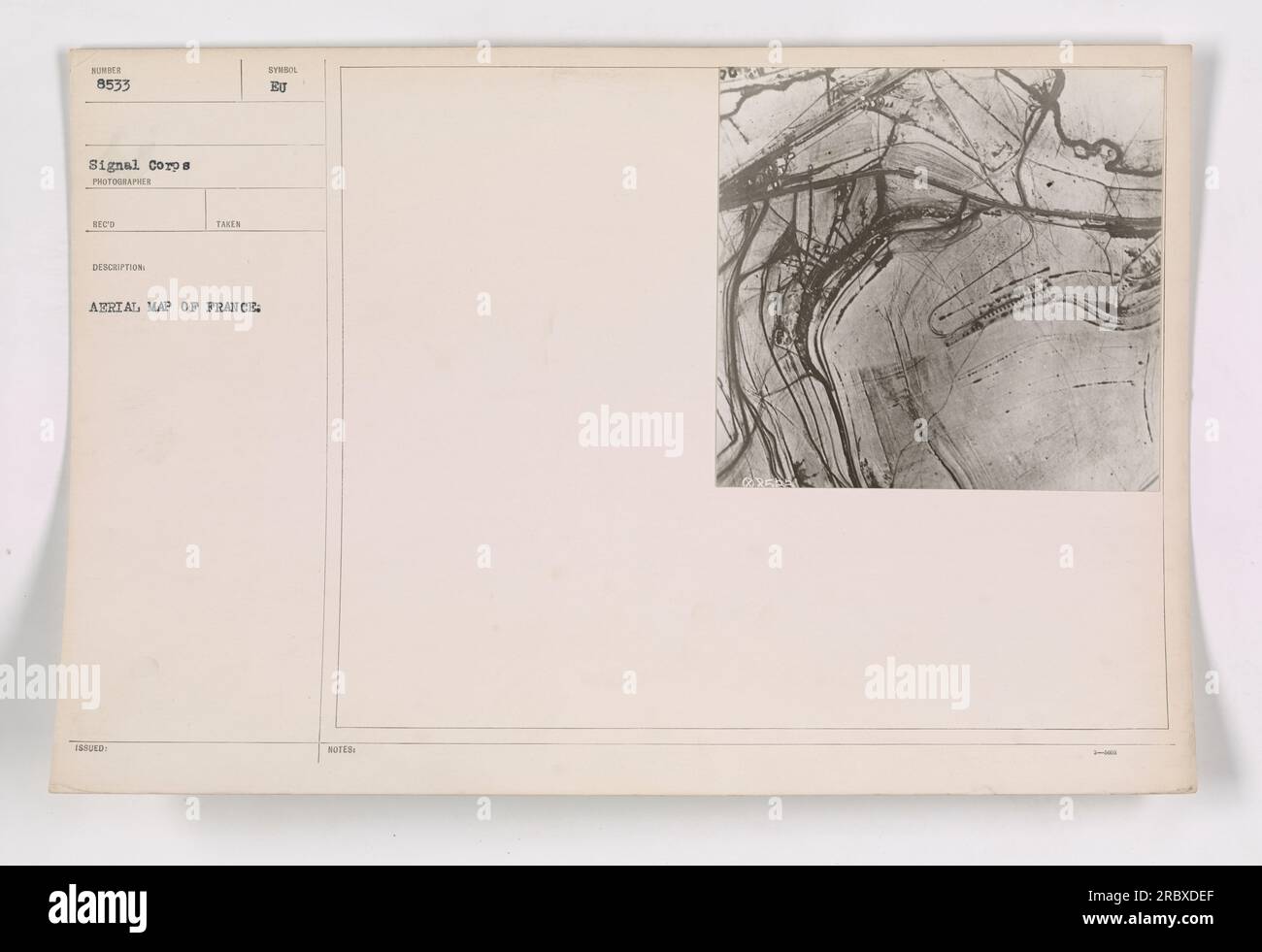 Aerial photograph showing trenches in France during World War One. This ...