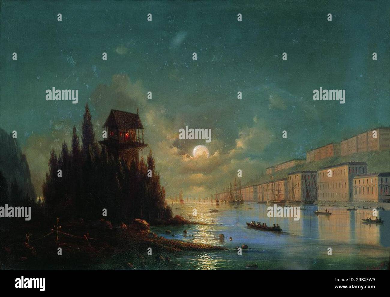 View of seaside town in the evening with a lighthouse 1870 by Ivan ...