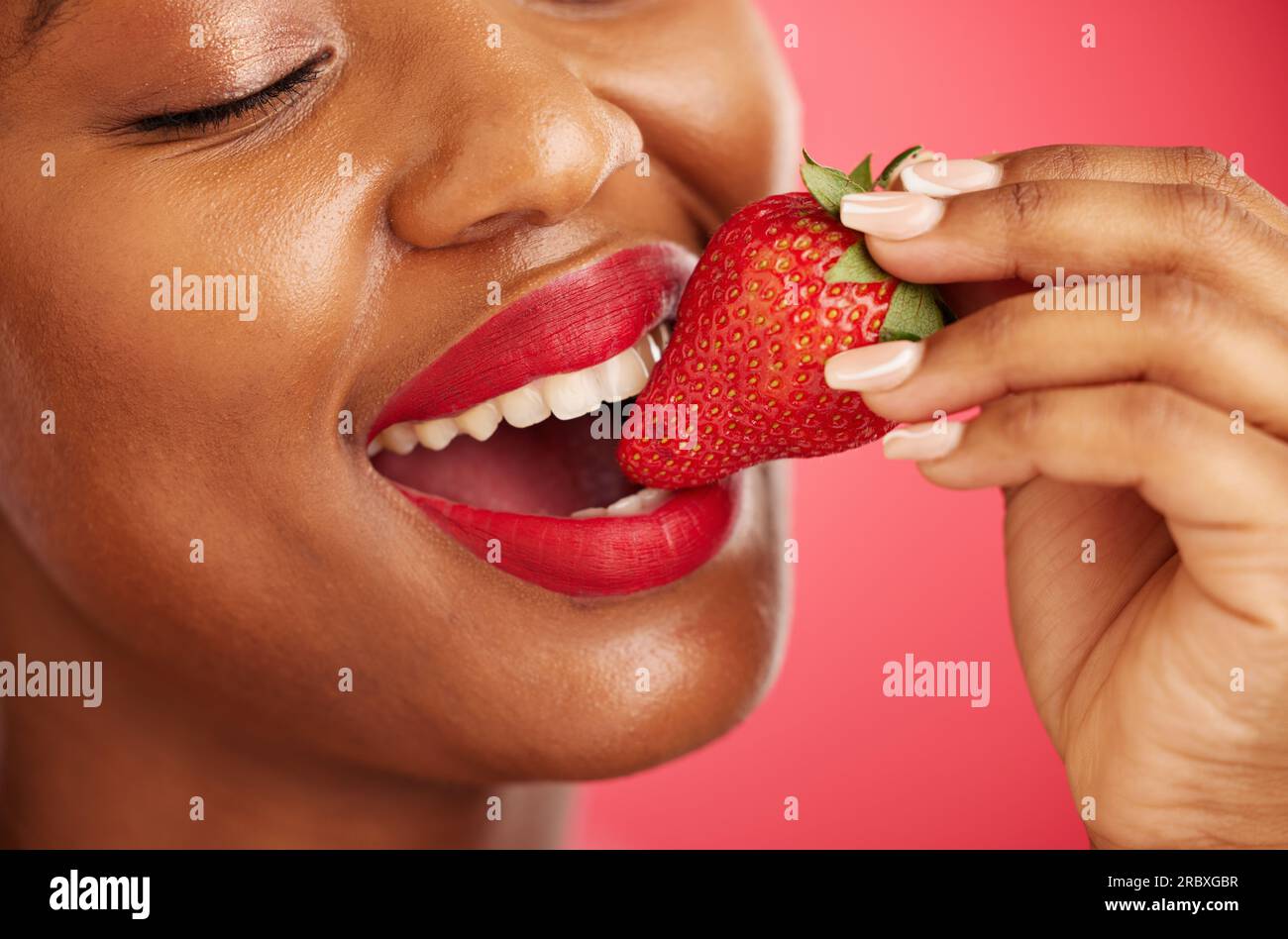 Strawberry, lipstick and woman lips eating, eco friendly product and ...