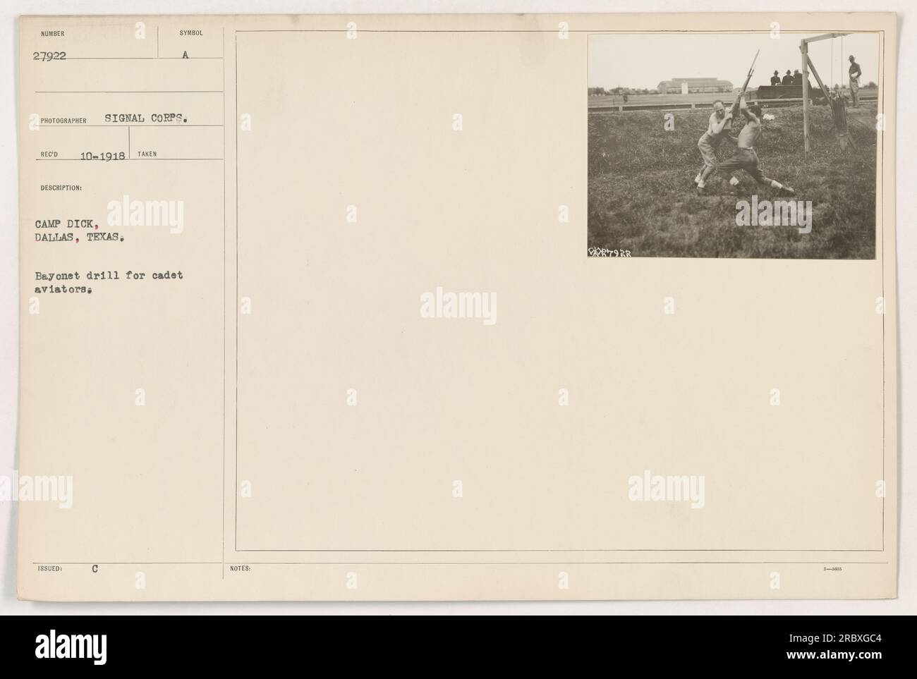 Cadet aviators in Camp Dick, Dallas, Texas, undergoing bayonet drill training during World War I ...