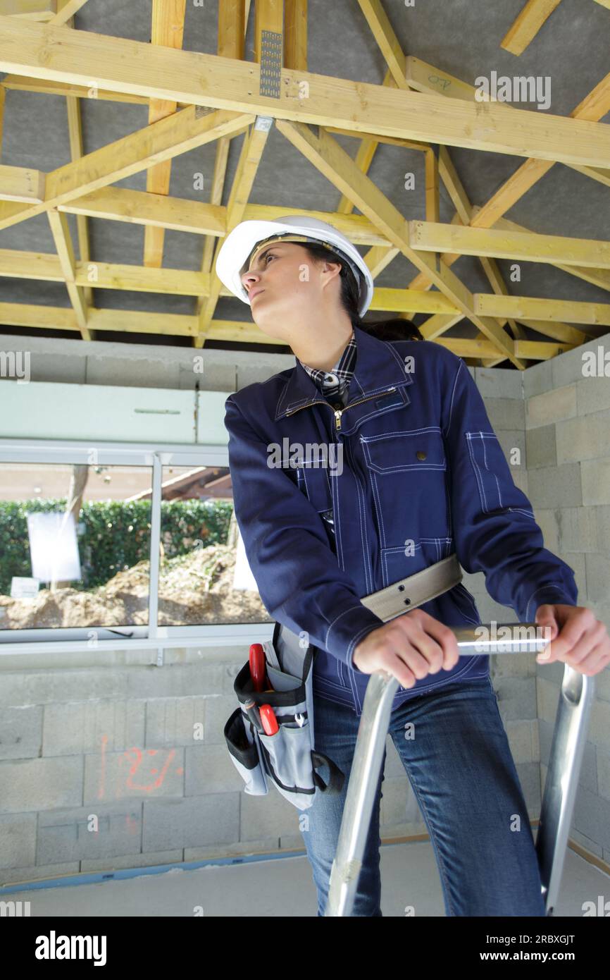 woman construction worker builder on ladder Stock Photo - Alamy